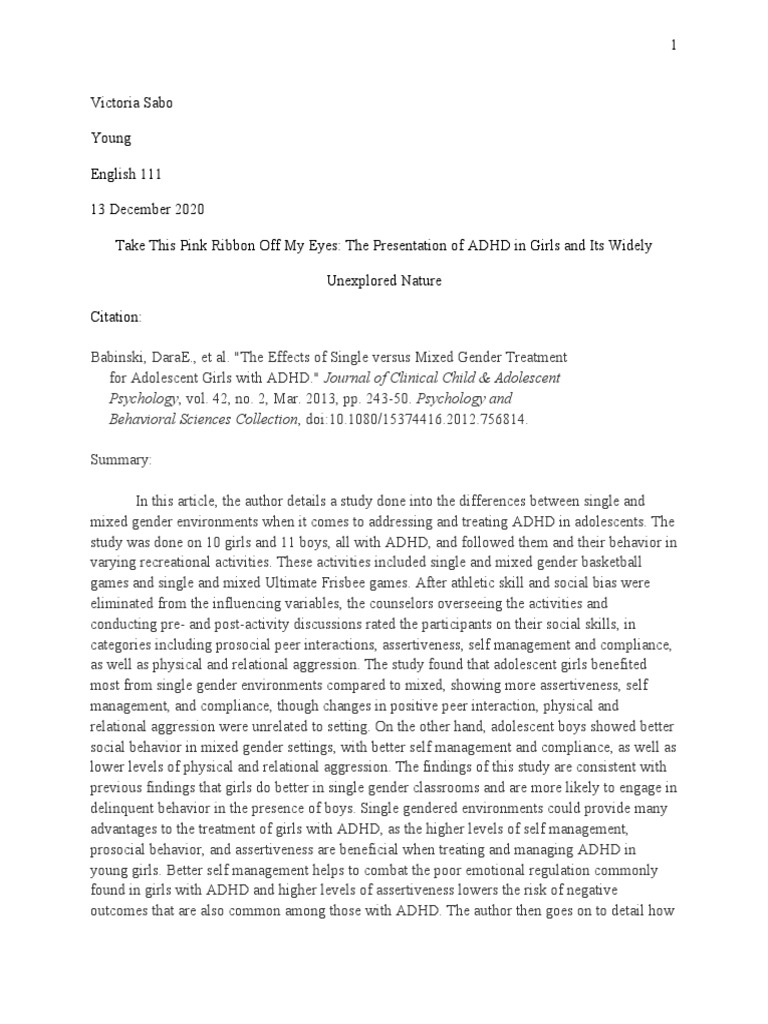 Annotated Bibliography On ADHD in Girls | PDF | Attention Deficit ...