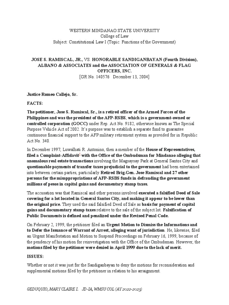 Ramiscal VS Sandiganbayan Case Digest | PDF