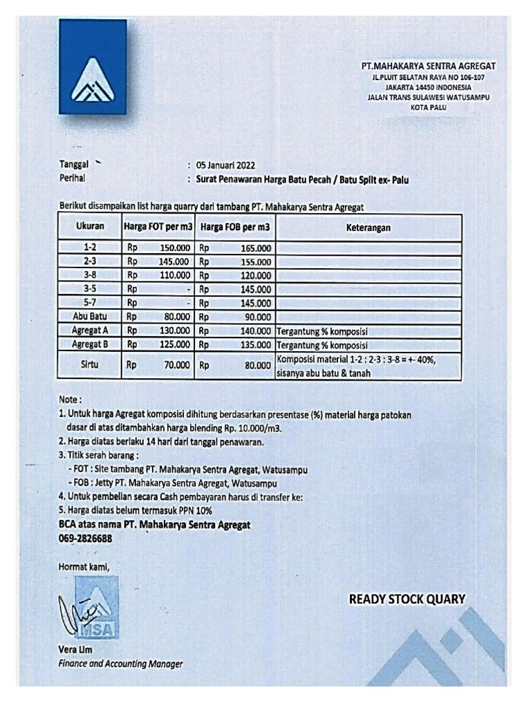 Surat Penawaran Batu Palu Split | PDF