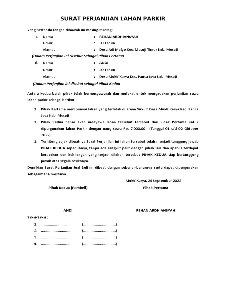 Surat Perjanjian Lahan Parkir | PDF