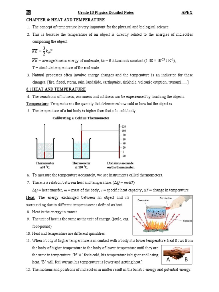 Grade 10 Physics Detailed Notes Apex Chapter 6: Heat and Temperature | PDF