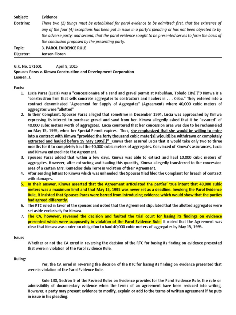 Paras vs. Kimwa: Parol Evidence Ruling | PDF | Parol Evidence Rule ...