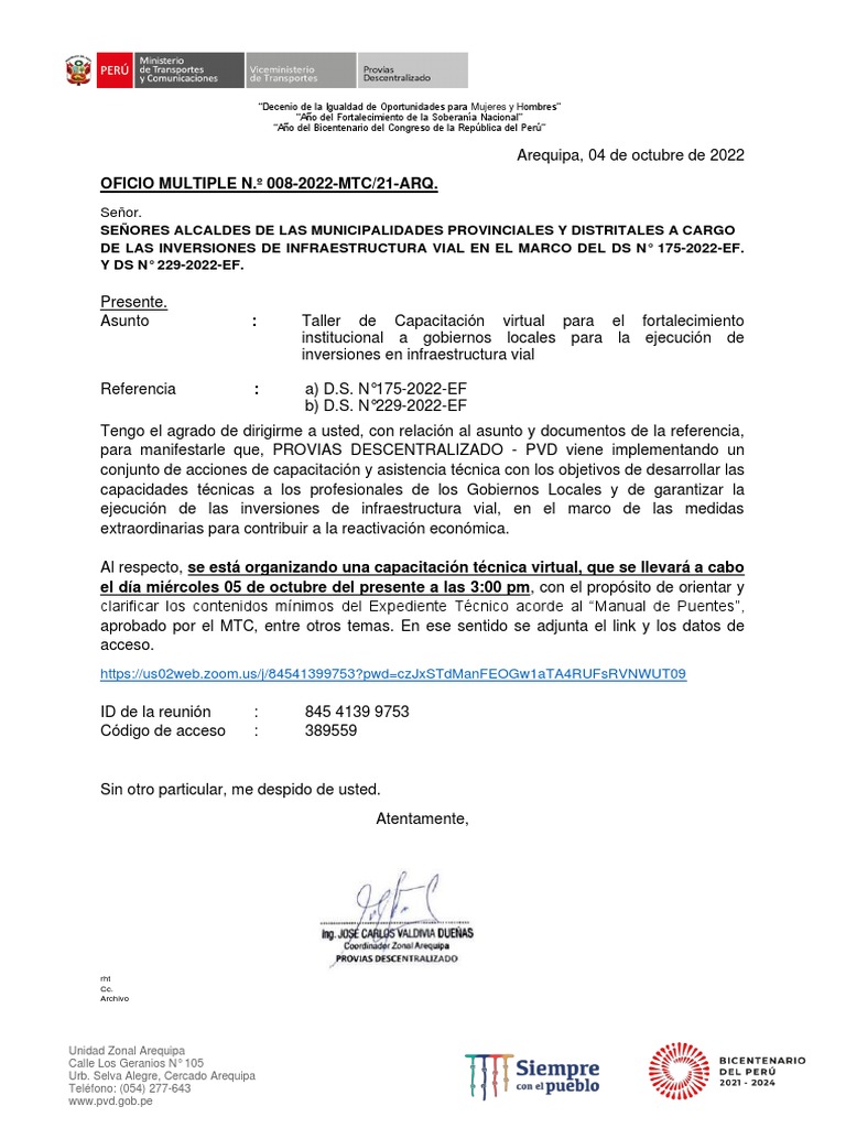 Oficio (M) N. 008-2022-Mtc21-Arq | PDF