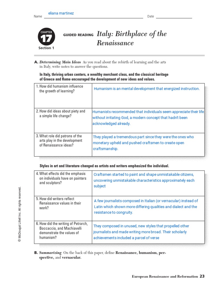 Chapter 17.1 Guided Reading Worksheet | PDF | Renaissance | Humanism
