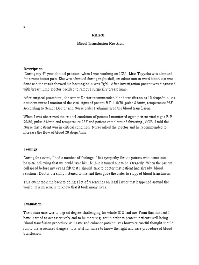 Reflection On Blood Transfusion Error | PDF | Self-Improvement