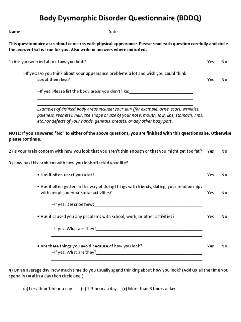 Body Dysmorphid Disorder Questionnaire (BDDQ) | PDF | Mental Health ...