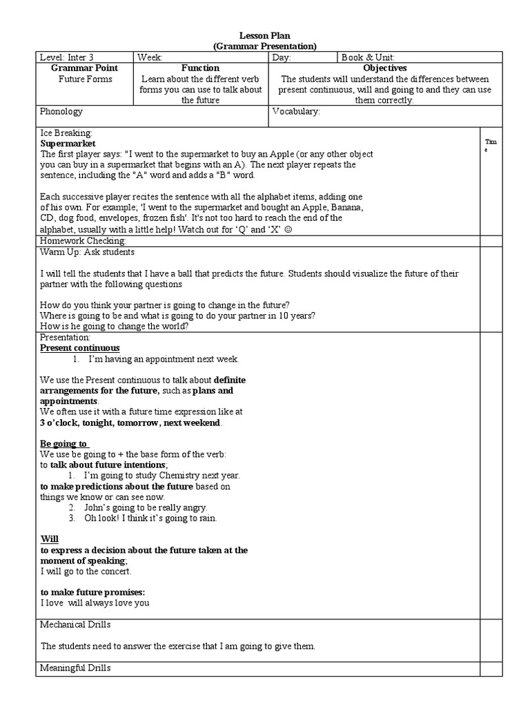 Future Forms Lesson Plan | PDF | Lesson Plan | Human Communication