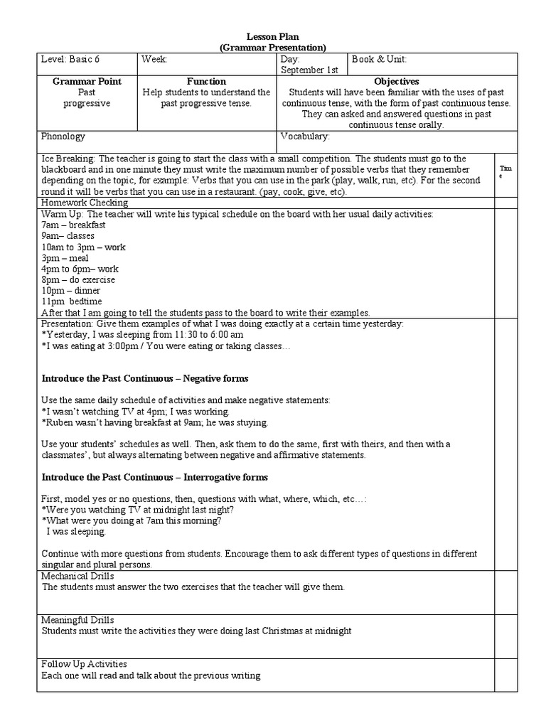 Basic 6 Past Progressive Lesson Plan | PDF | Language Arts & Discipline