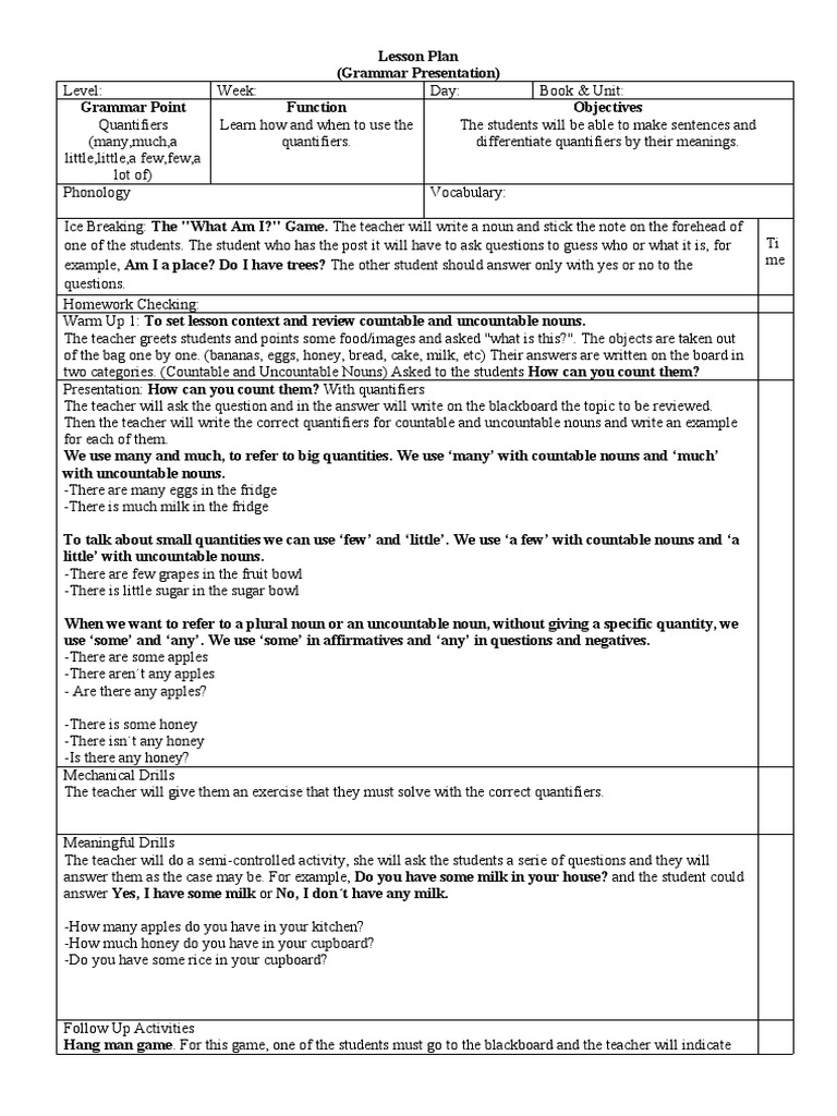 Quantifiers Lesson Plan | PDF | Noun | Morphology Quantifiers Lesson Plan | PDF | Noun | Morphology