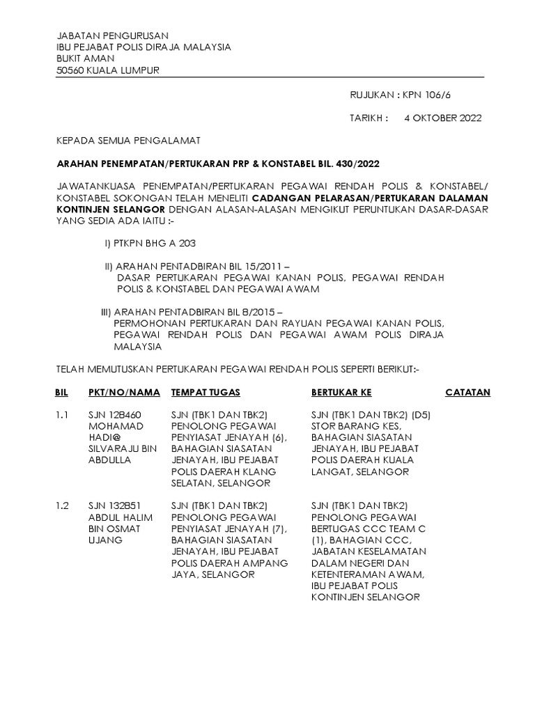 Arahan Penempatan/Pertukaran PRP & Konstabel Bil. 430/2022 | PDF