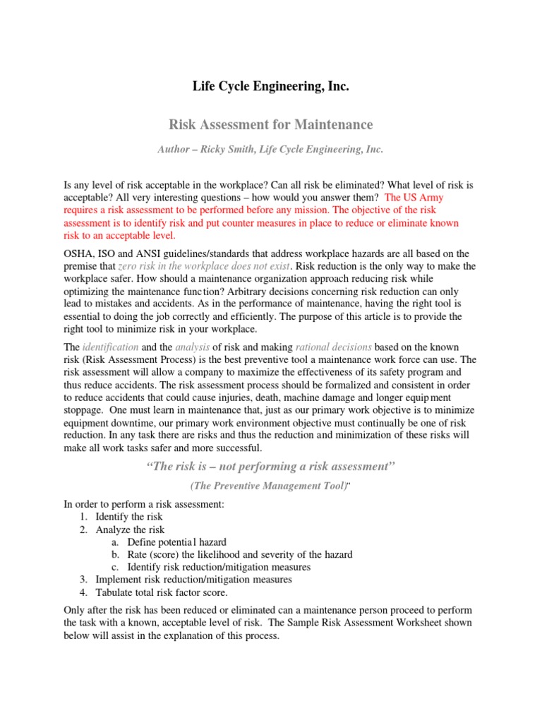 Risk Assessment For Maintenance - Ricky Smith - Lce | PDF | Risk | Risk ...