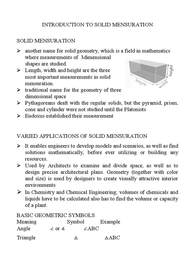 Introduction To Solid Mensuration | PDF | Angle | Line (Geometry)