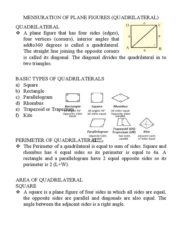 Mensuration of Plane Figures (Quadrilateral) | PDF | Rectangle | Area