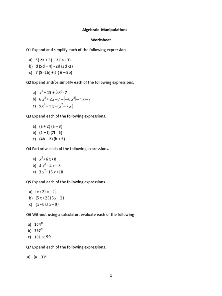 Algebraic Expressions and Factorisation Worksheet 1 | PDF | Teaching ...