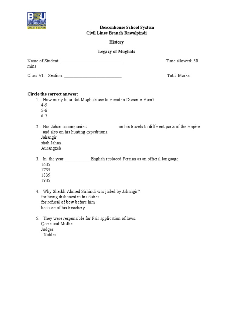 Worksheet Mughal Legacy | PDF | Travel