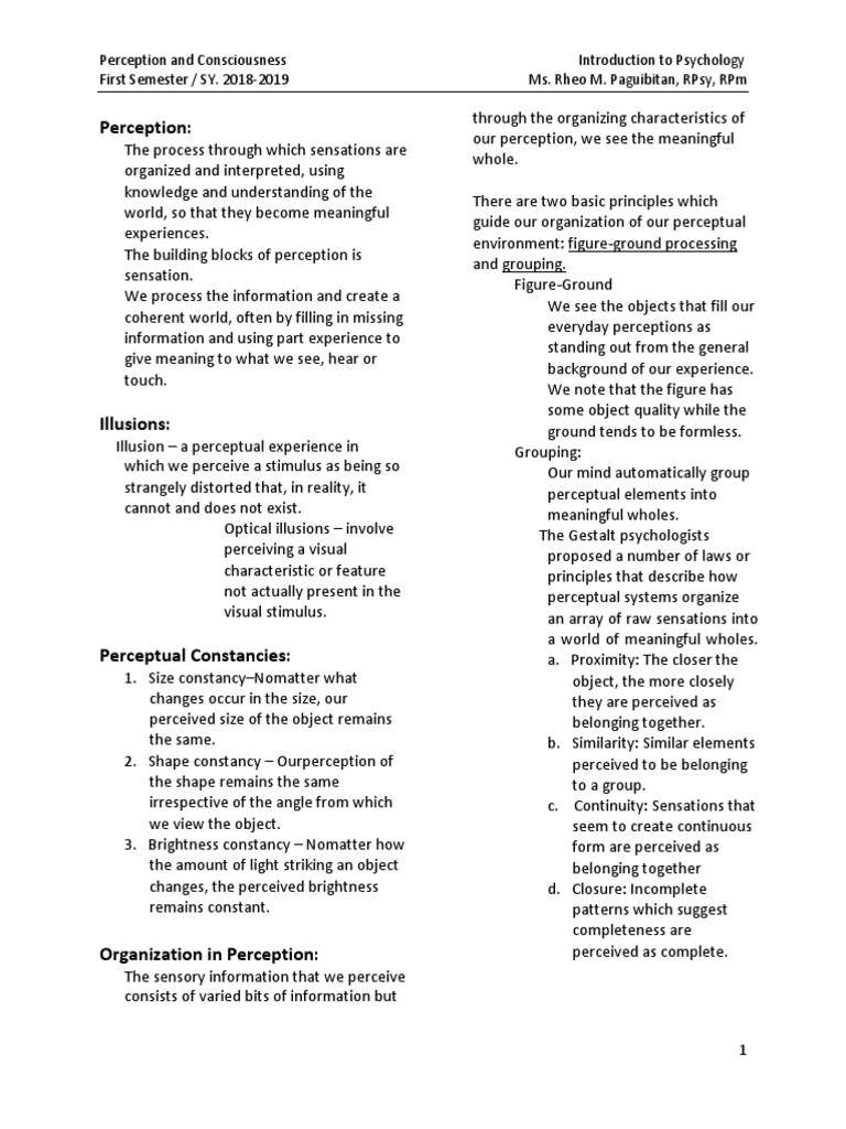 Perception and Consciousness Overview | PDF | Perception | Sleep