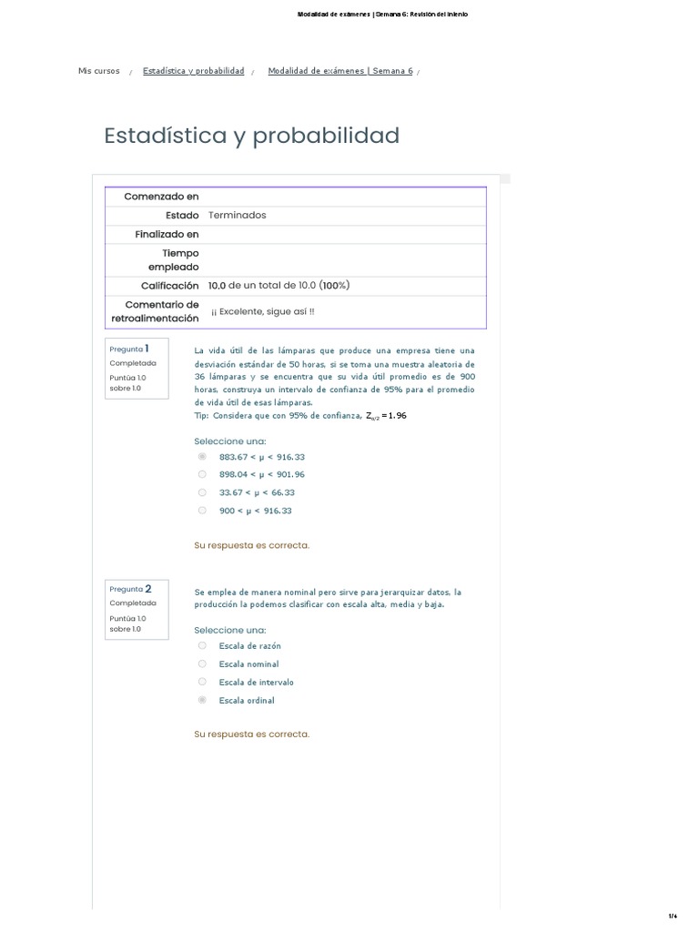 UTEL-Estadística y Probabilidad-Modalidad de Exámenes - Semana 6 - Revisión Del Intento | PDF ...