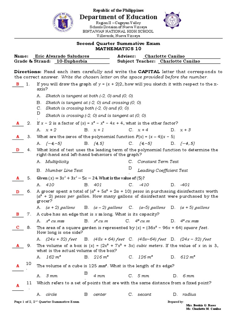 Math 10 2nd Quarter Exam Answer Key | PDF | Angle | Circle