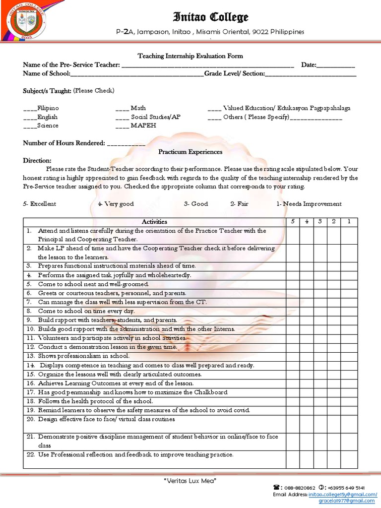 Teaching Internship Evaluation Form | PDF | Teaching Method | Teachers