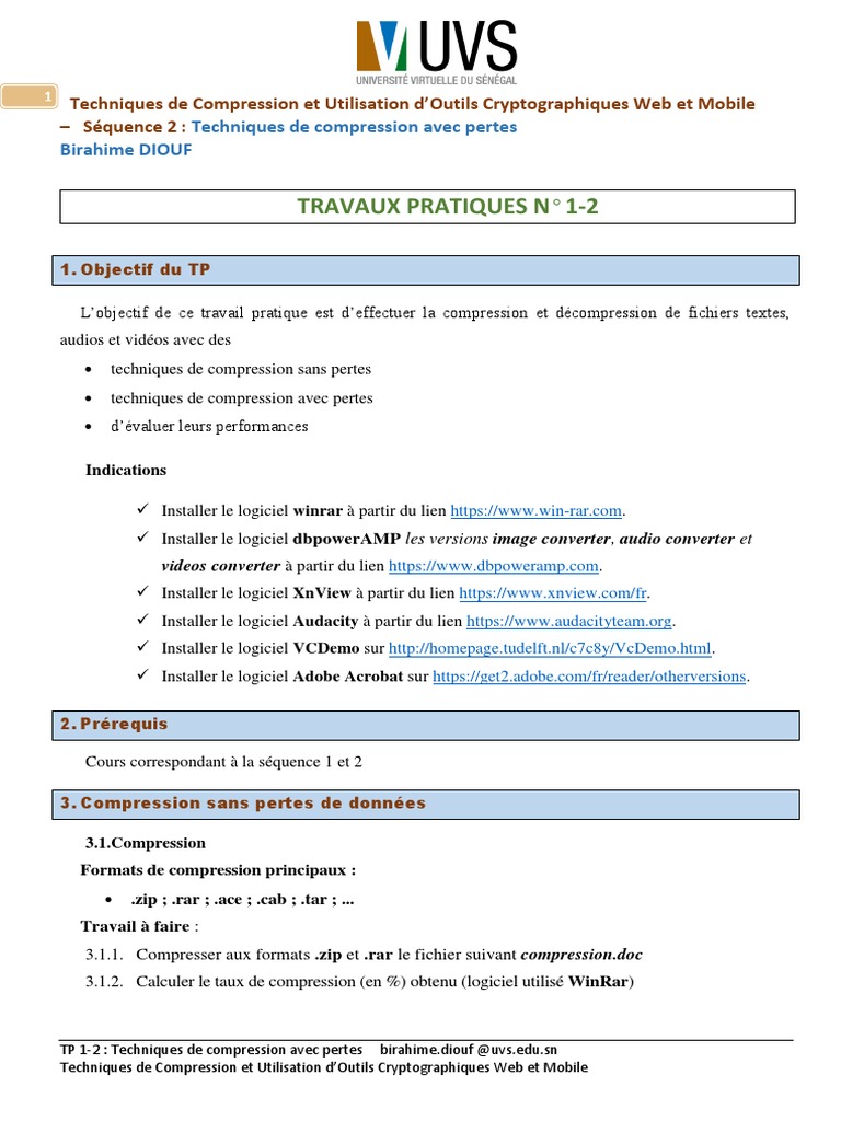 TP 02 - Techniques de Compression Sans Et Avec Pertes | PDF ...