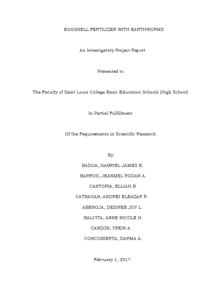 Eggshell Fertilizer With Earthworms Badua, Gabriel James b. , Barros, Jeanmel Rodan a ...