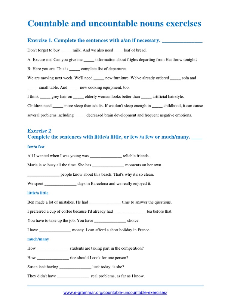 Countable and Uncountable Nouns Worksheet | PDF