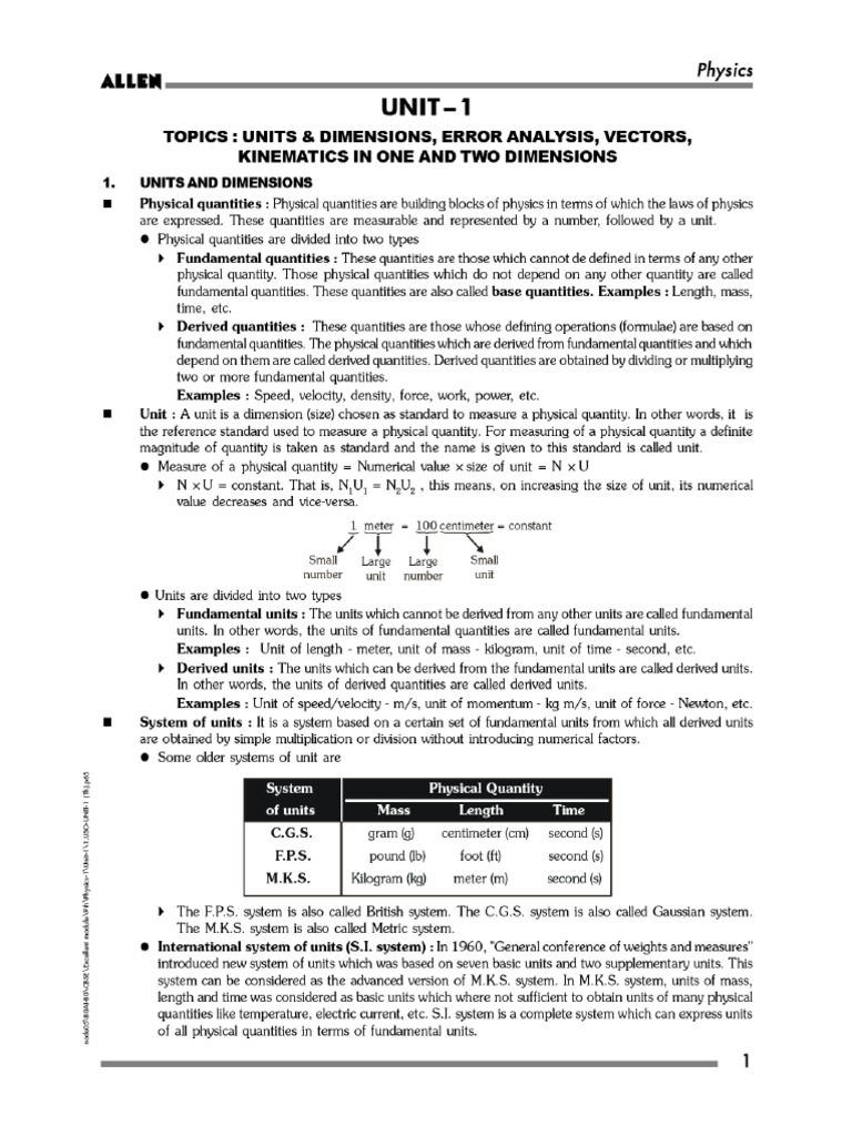 1 - Units and Measurements, Errors, Vectors, Circular Motion ...