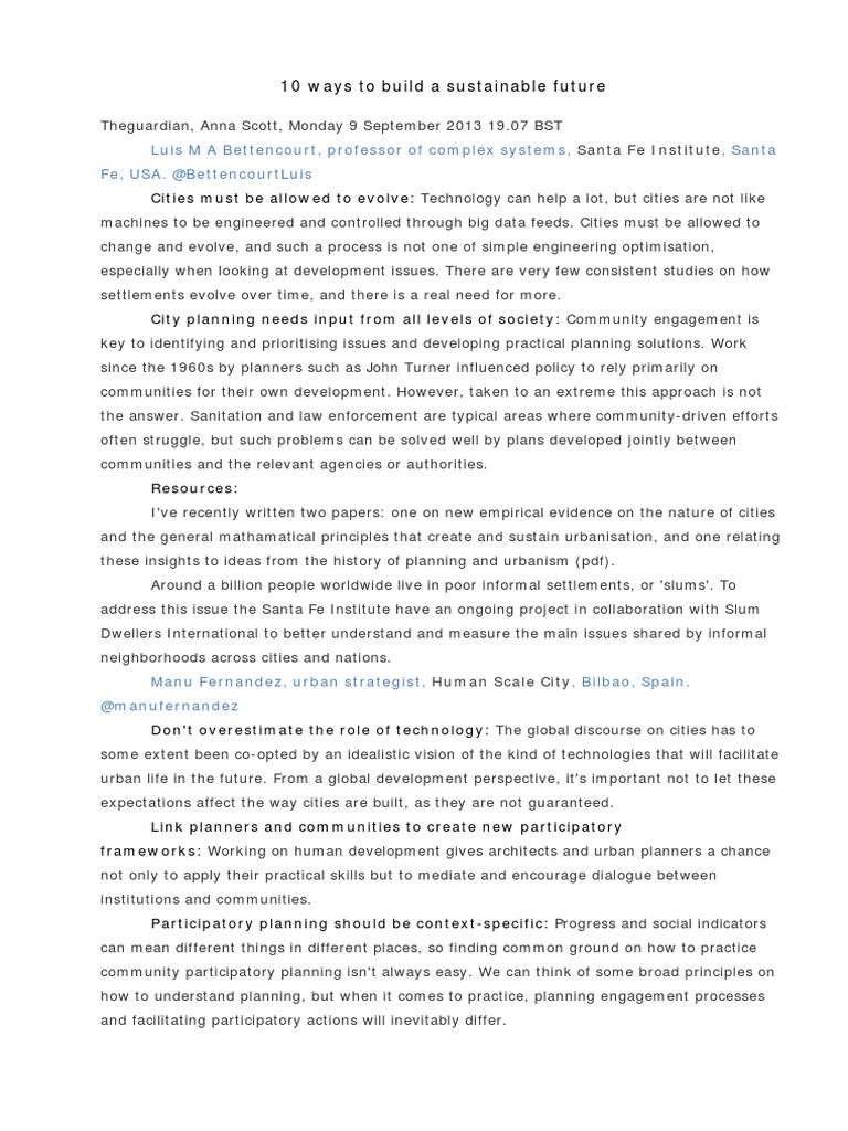 2013 10 Ways To Build A Sustainable Future | PDF | City | Urban Planning