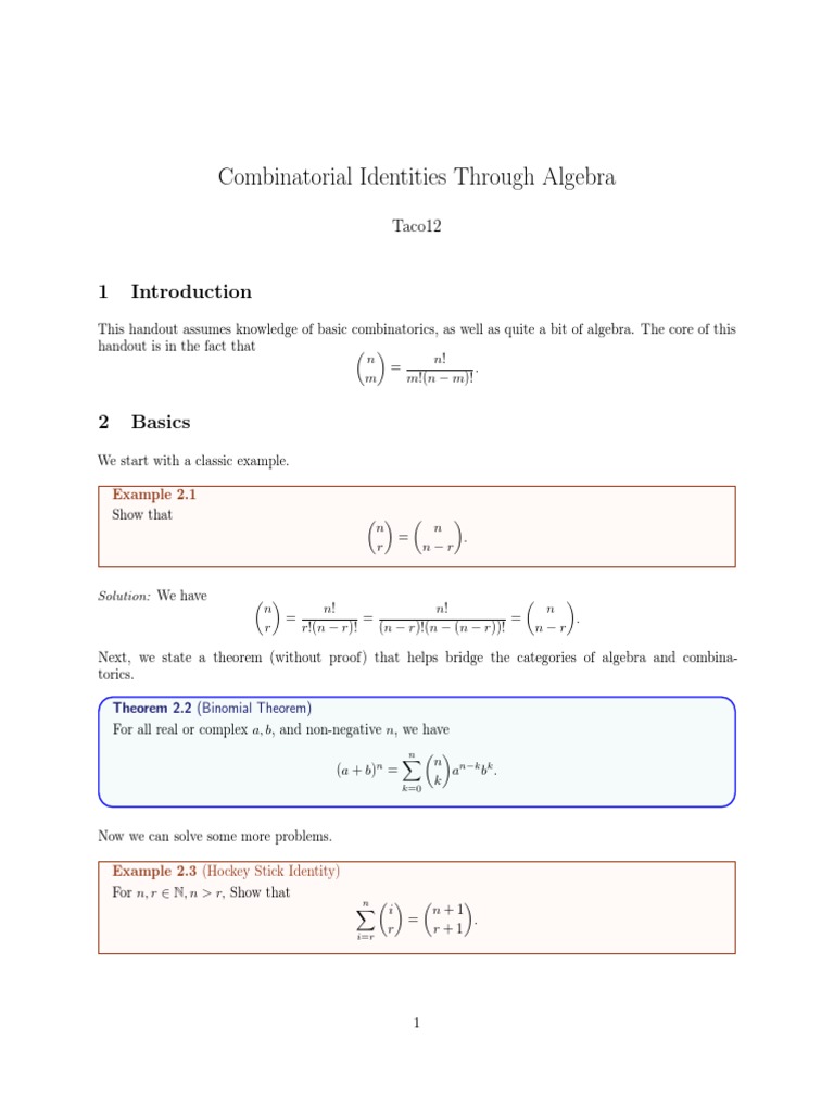 Combinatorial Identities Through Algebra Handout | PDF | Combinatorics | Mathematical Analysis
