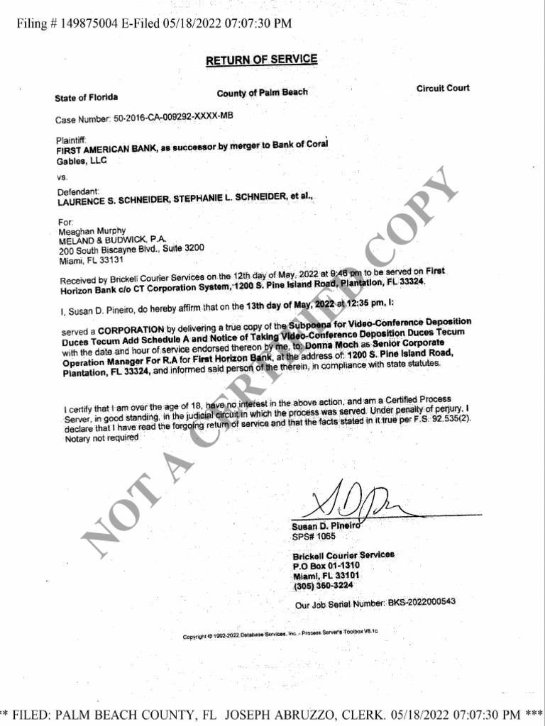 (16-009292 972) Return of Service FOR VIDEO DEPOSITIONS FIRST HORIZON ...