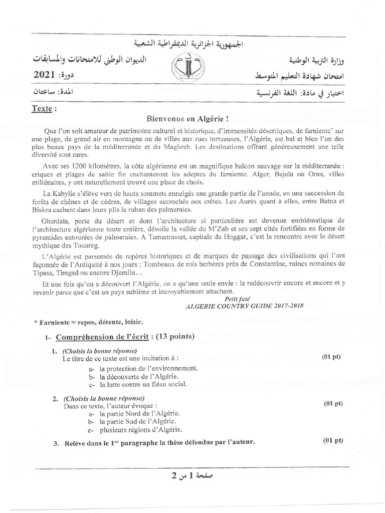 Dzexams Bem Francais Sujet 20211 1176365 | PDF