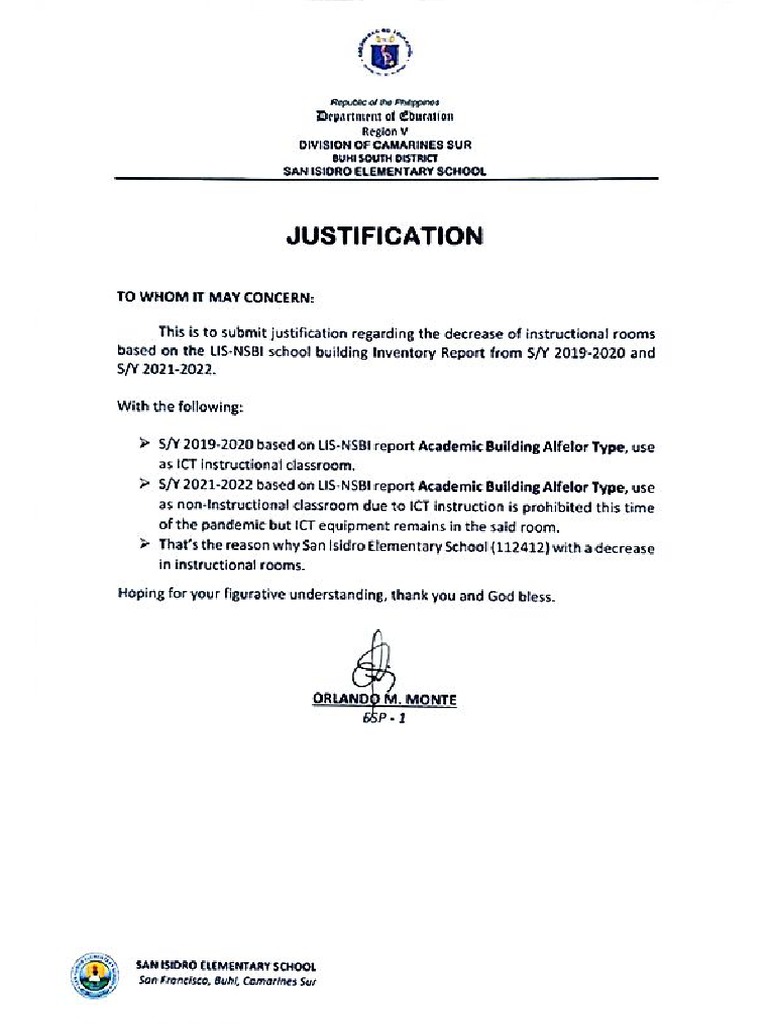 Justification San Isidro Elementary School Building Inventory Decrease ...