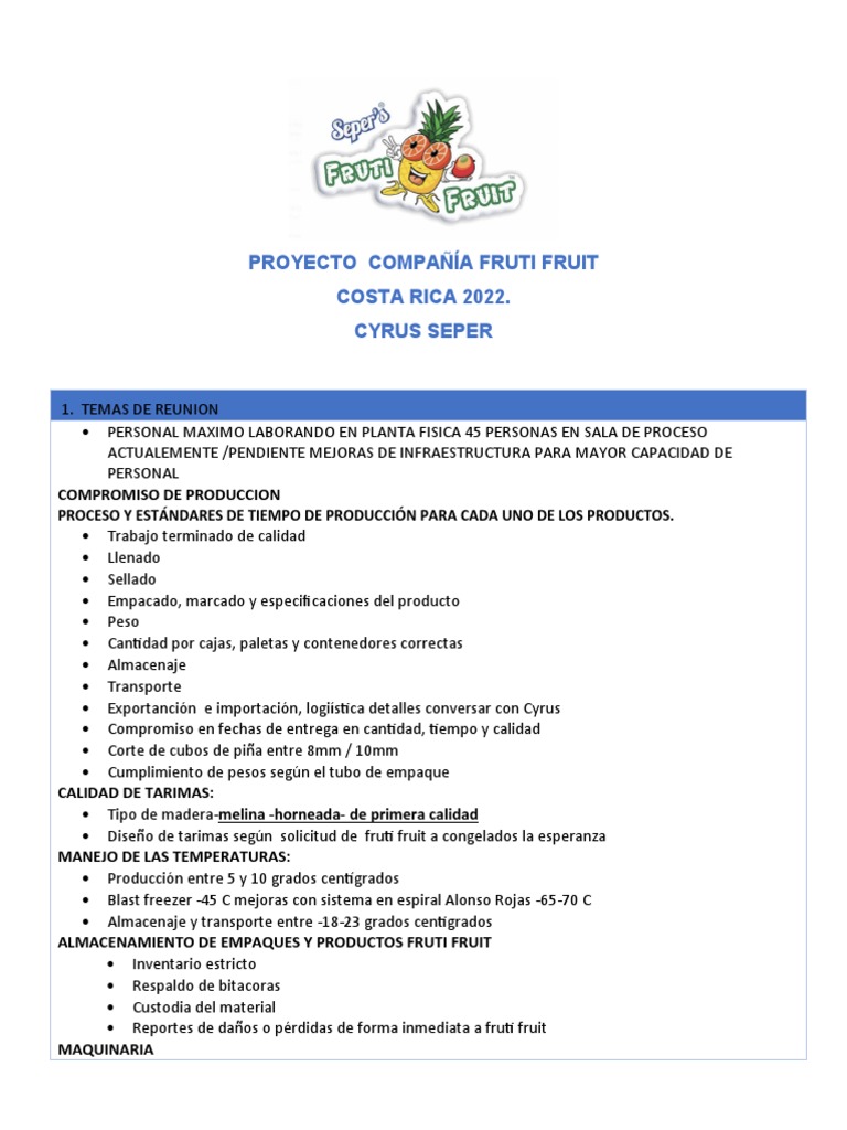 Proyecto Fruti Fruit Costa Rica Cyrus Seper 2022 | PDF