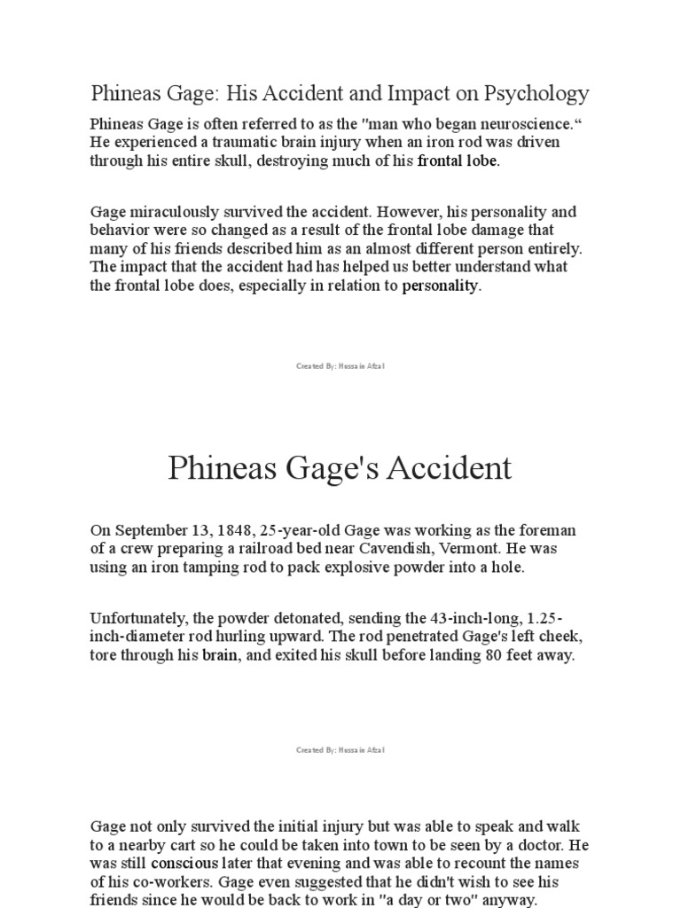 Phineas Gage His Accident and Impact On Psychology | PDF | Cognitive ...