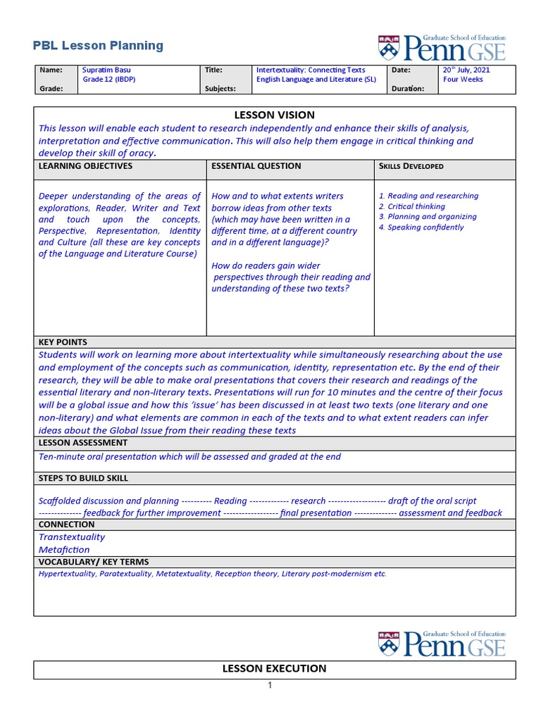 PBL Lesson Plan (Supratim Basu) | Download Free PDF | Teachers ...