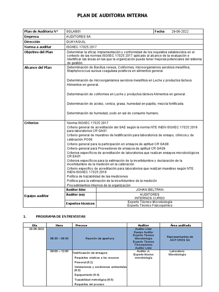 Plan de Auditoria Interna para Evaluar la Conformidad con ISO/IEC 17025:2017 en Laboratorios de ...