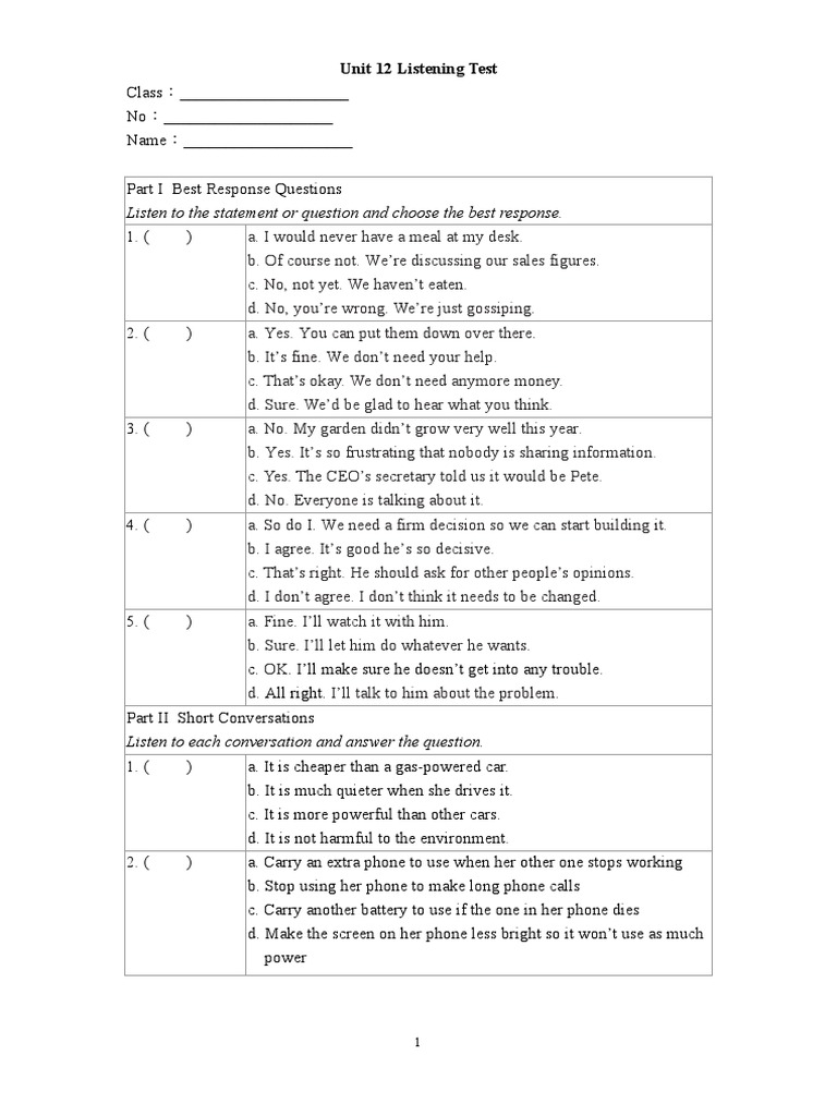 Unit 12-Listening - Student | PDF