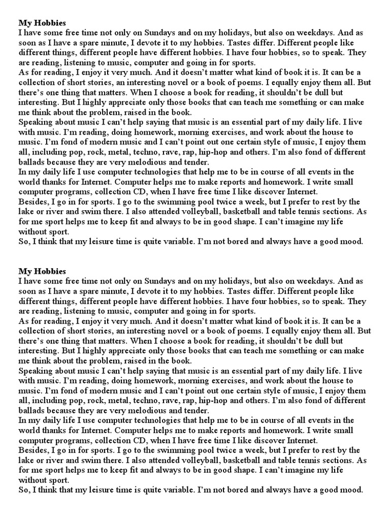 My Hobbies Text | PDF