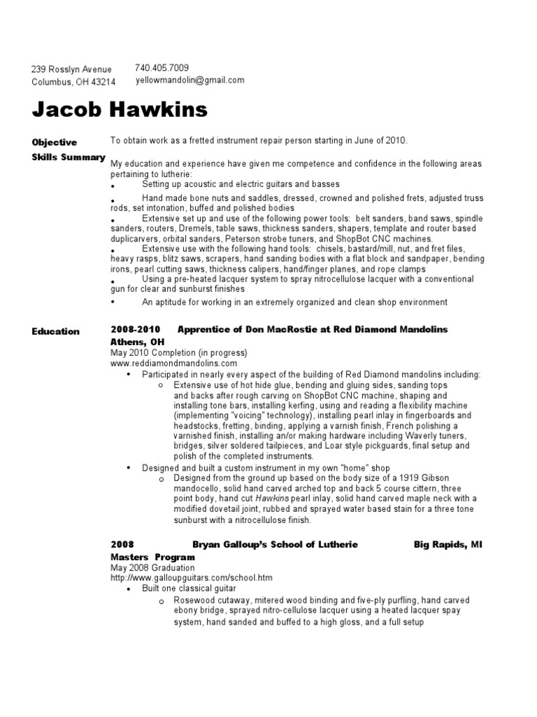Jacob's Resume | Guitars | Musical Instruments