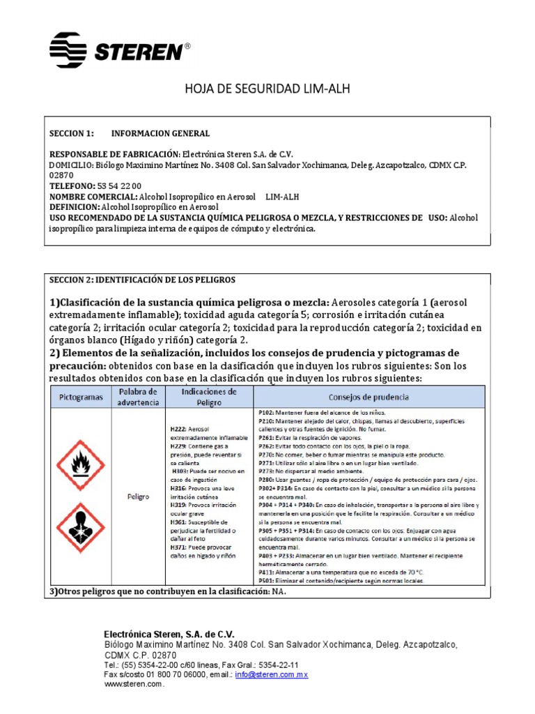 Hoja de Seguridad Alcohol Isopropílico Steren | PDF | Agua | Concentración