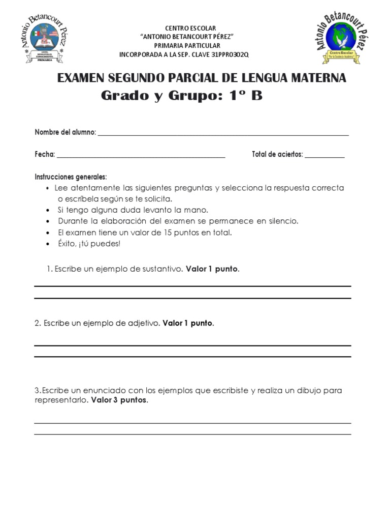 1B Examen Segundo Parcial de Lengua Materna | PDF | Lingüística | Gramática