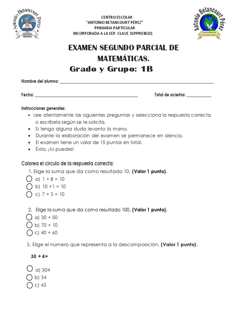 1B Examen Segundo Parcial de Matemáticas | PDF