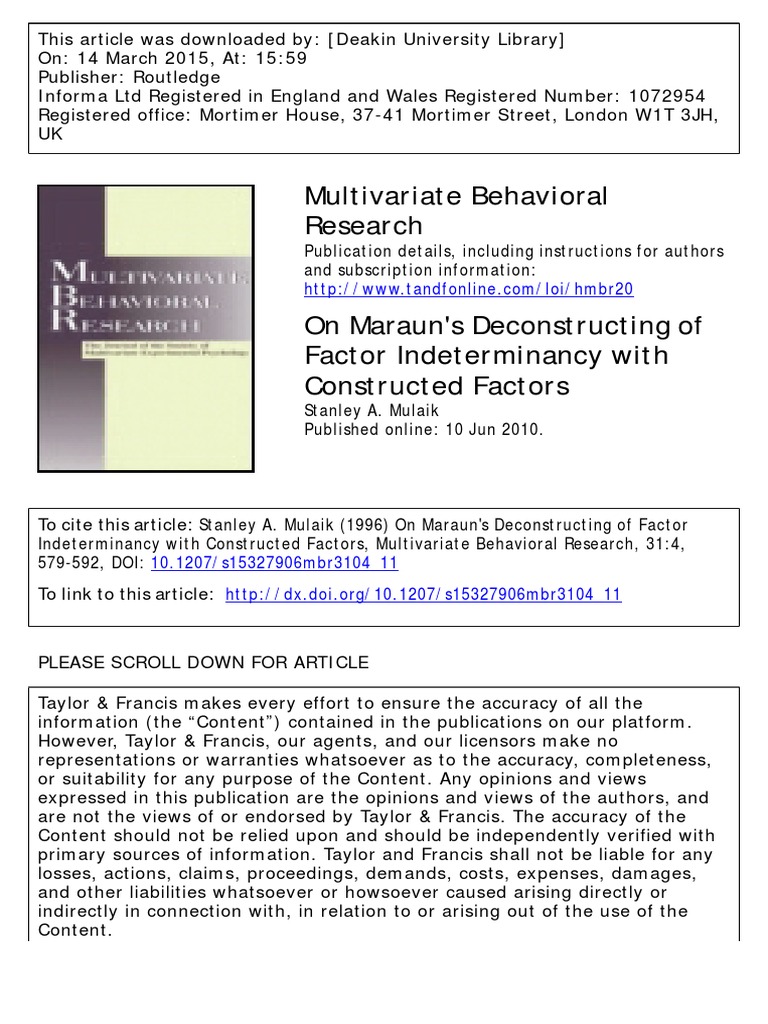 Multivariate Behavioral Research: To Cite This Article: Stanley A. Mulaik (1996) On Maraun's ...