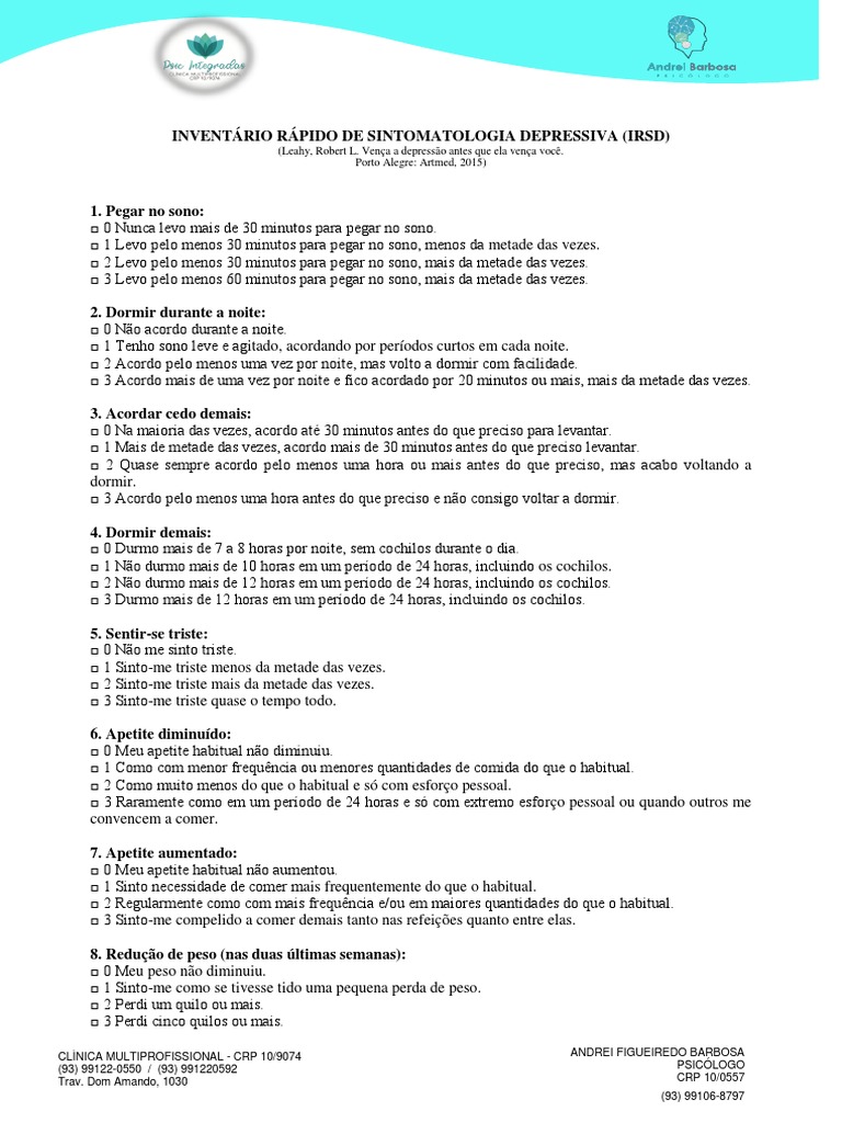 Inventário Rápido de Sintomatologia Depressiva (Irsd) | PDF | Suicídio ...