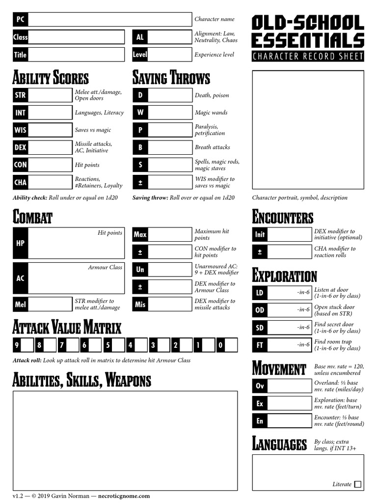 Old-School Essentials - Purist Character Sheet v1-2 - DAC Item Encumbrance | PDF | Role Playing ...