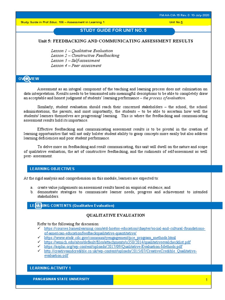 Unit 5 SG - ASL1 | Download Free PDF | Evaluation | Learning