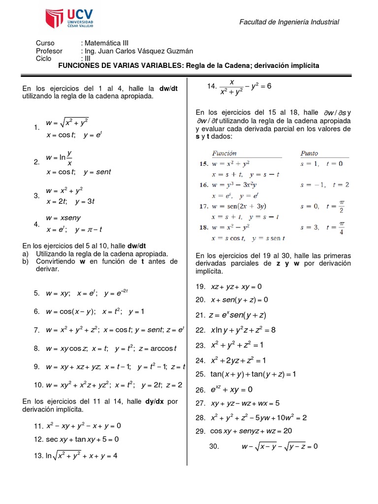 EJERCICIOS REGLA DE CADENA-DERIVACION IMPLICITA | PDF