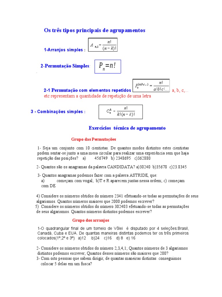Matematica - Permutacao, Arranjo e Cominatoria | PDF | Permutação ...