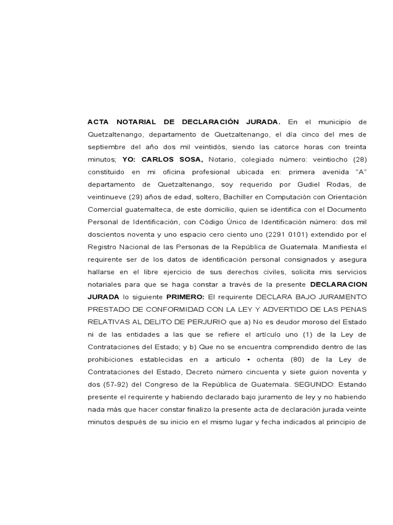 Acta Notarial de Declaración Jurada Contratacion Del Estado | PDF