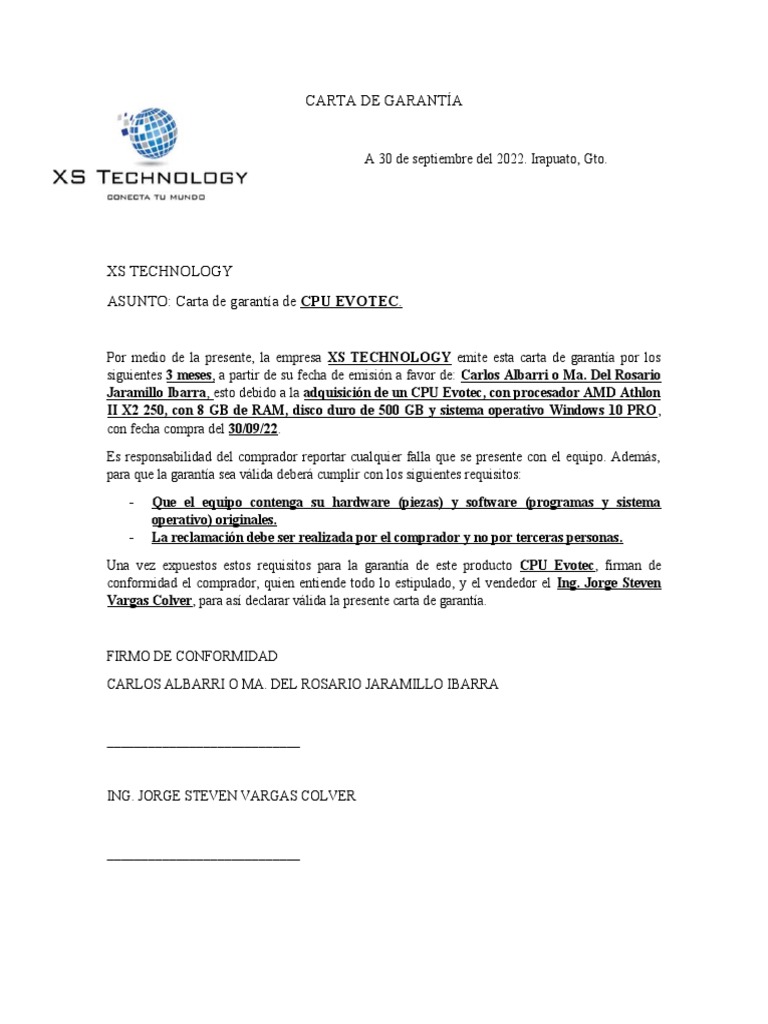 Carta de Garantía | PDF
